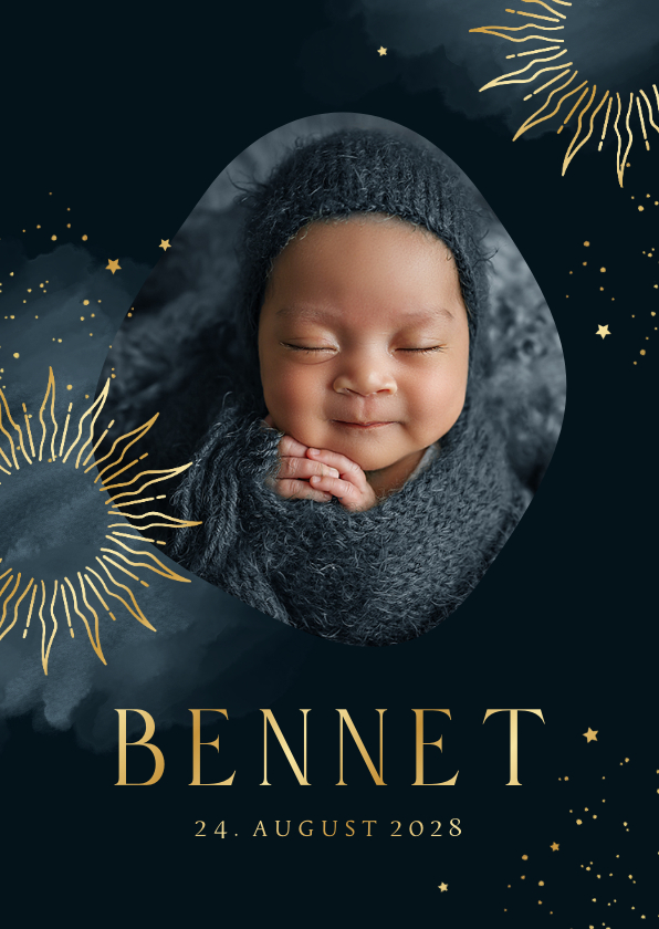 Foto-Geburtskarte nachtblau goldene Sonnen | Send a Smile